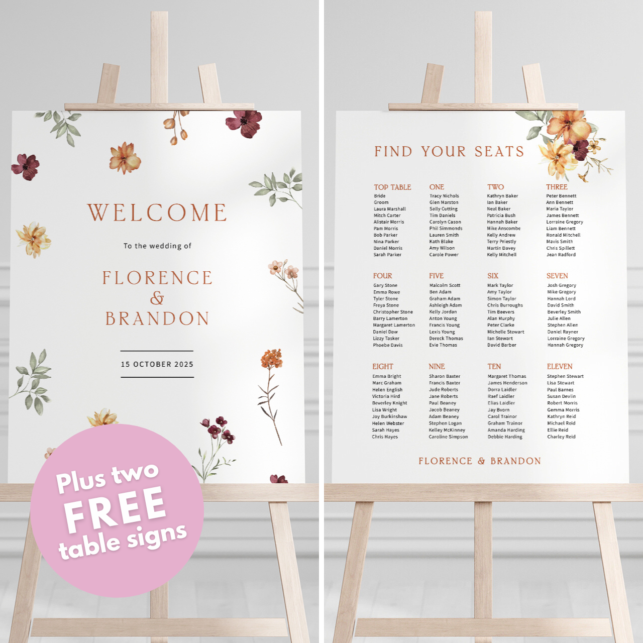 Florence Bundle including A1 Welcome & Table Plan signs + FREE table ...