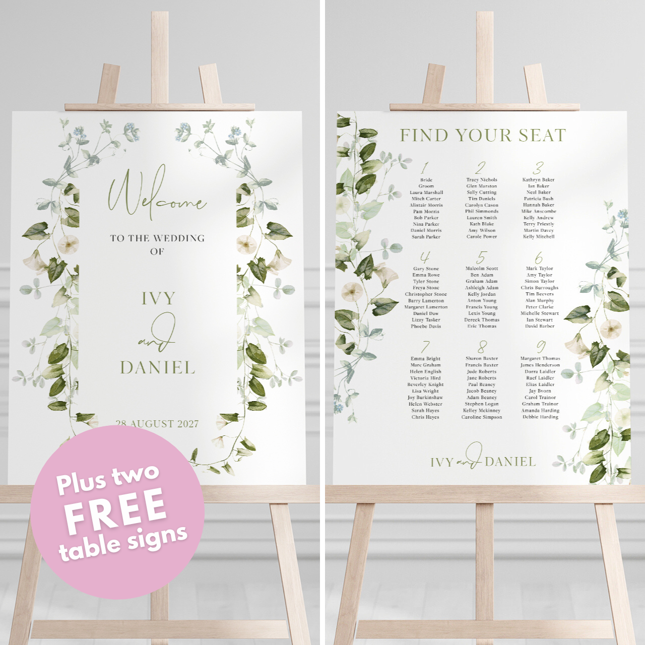 Ivy Bundle including A1 Welcome & Table Plan signs + FREE table signage ...
